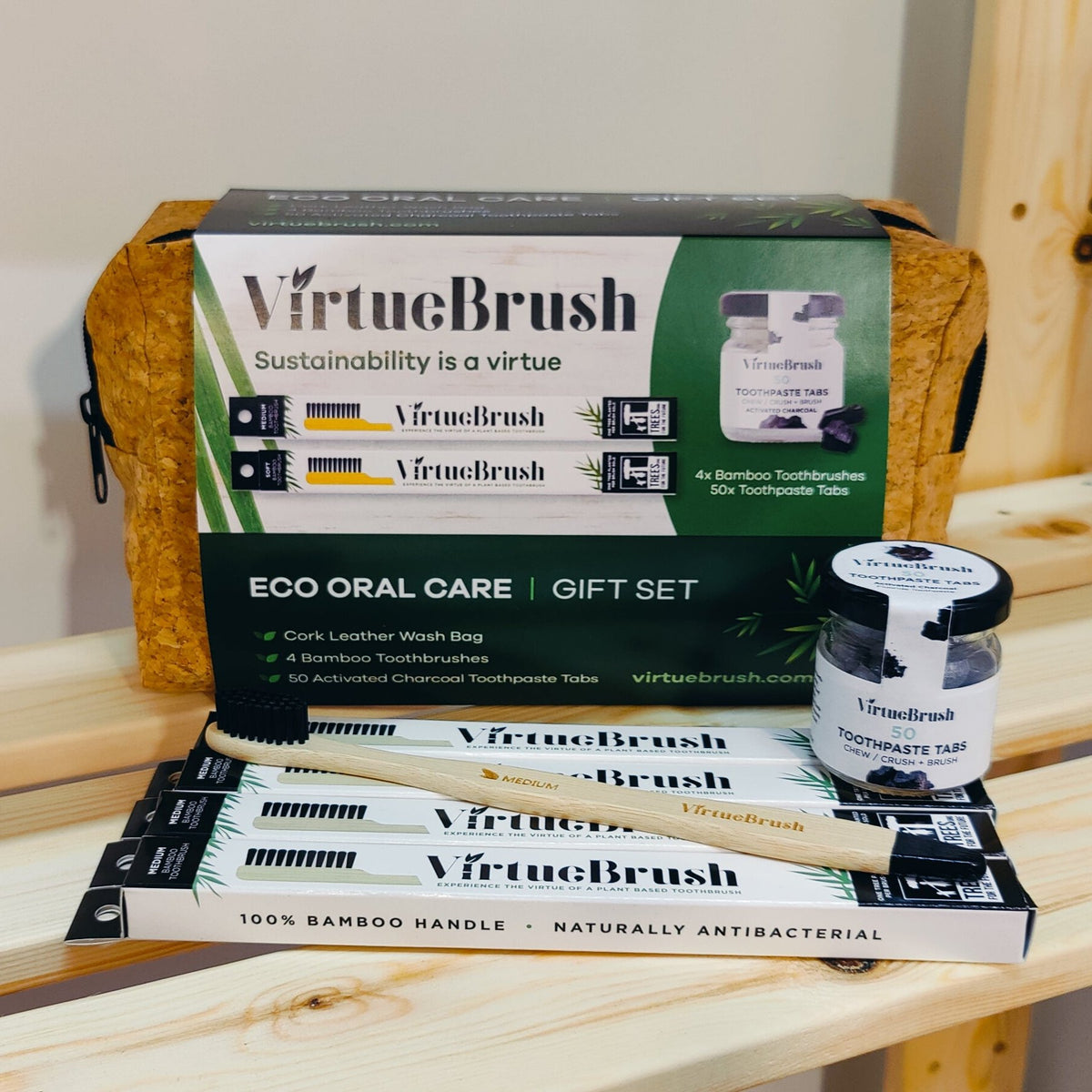 Oral Care Gift Set with Activated Charcoal Toothpaste Tabs, 4 Bamboo T