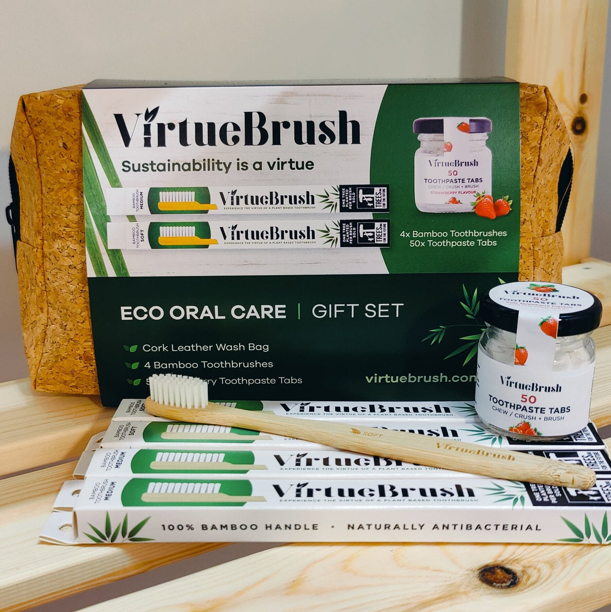 Oral Care Gift Set with 50 Strawberry Toothpaste Tabs, 4 Bamboo Toothb